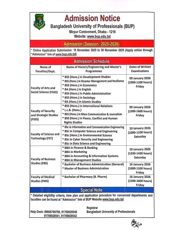 BUP Admission Circular 2025-2026: Bangladesh University of ...