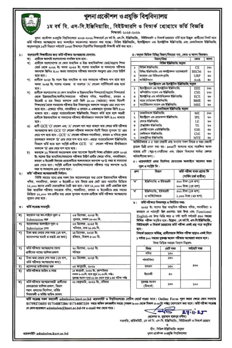 KUET Admission Circular 2025-2026 - Education Board Results